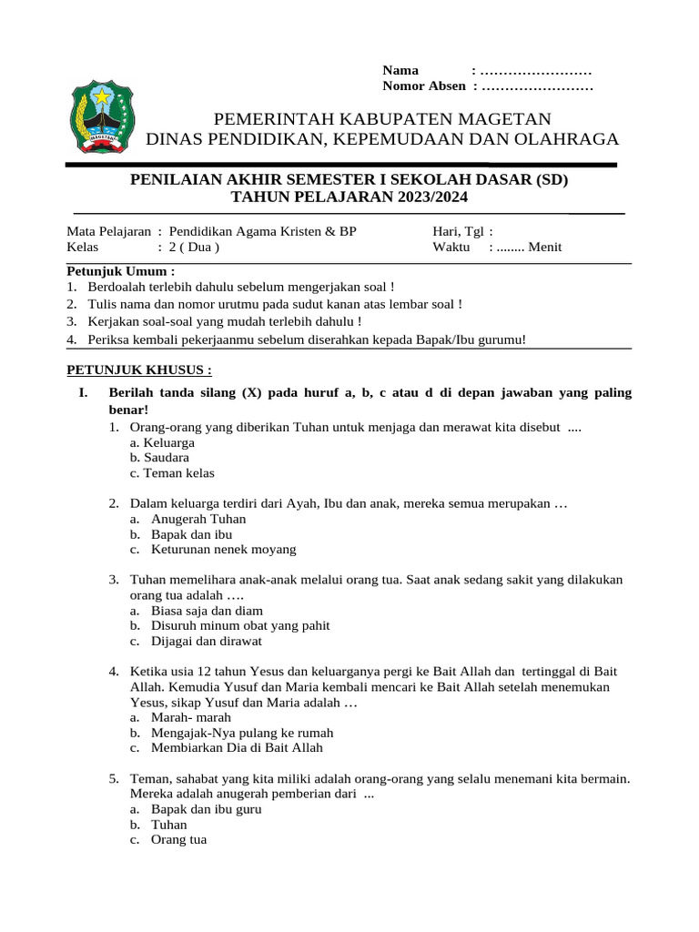 Soal - PASS1 - Kelas2 - AGAMA KRISTEN - FIX | PDF