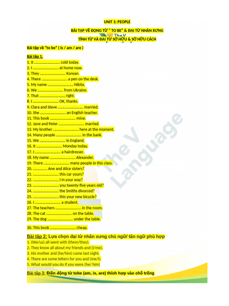 Unit 1 (Gram - Tobe + Pronouns + Possessive) | PDF