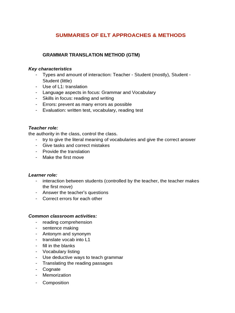 Summaries of Elt Approaches & Methods | PDF