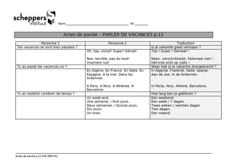 Actes de Parole Parler de Vacances | PDF