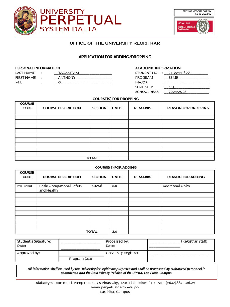 Adding and Dropping Form | PDF