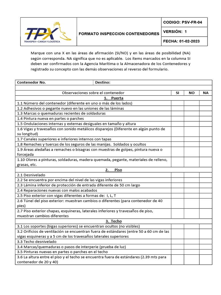 PSV-FR-04 Formato Inspeccion Contenedores | PDF