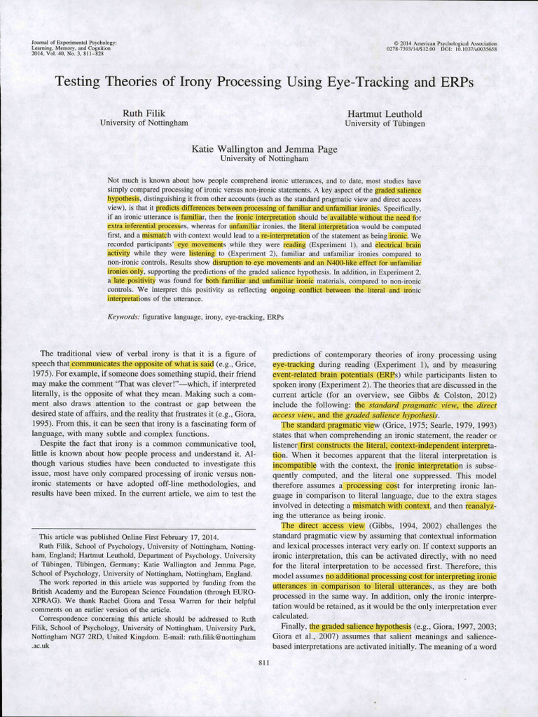 2 Testing Theories of Irony Processing Using Eye-Tracking and ERPs | PDF