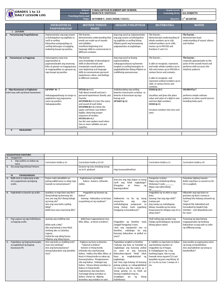 DLL All-Subjects-1 Q1 W7 D1 | PDF