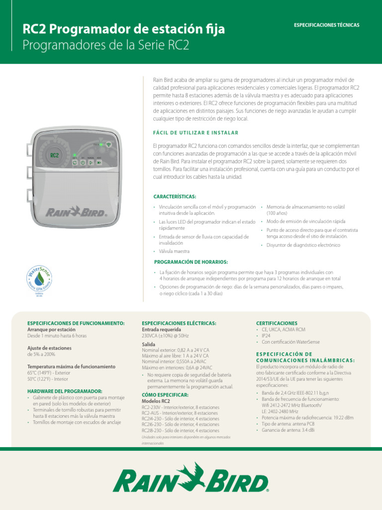 Ficha Tecnica Controlador RC2 - 2 | PDF | Riego | Ieee 802.11
