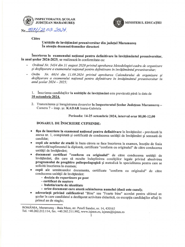 Adresă Înscriere Definitivat 2025 | PDF