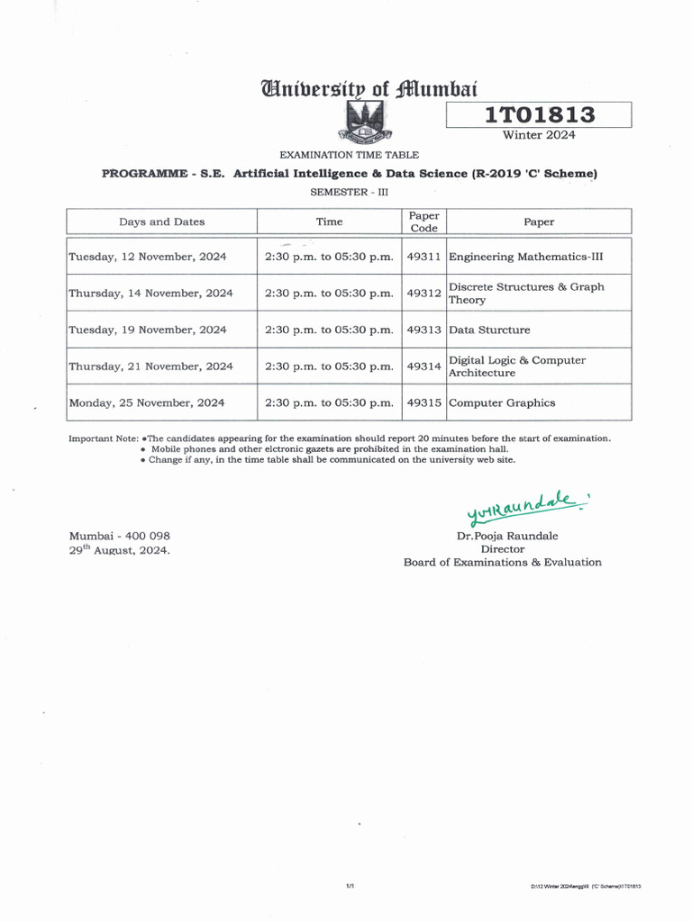 SEM III TIME TABLE WIN'2024 | PDF