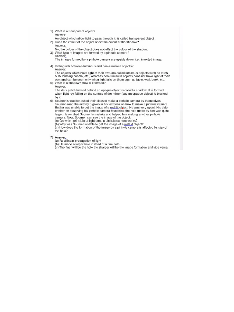 Class - 7 Light Chapter Question | PDF