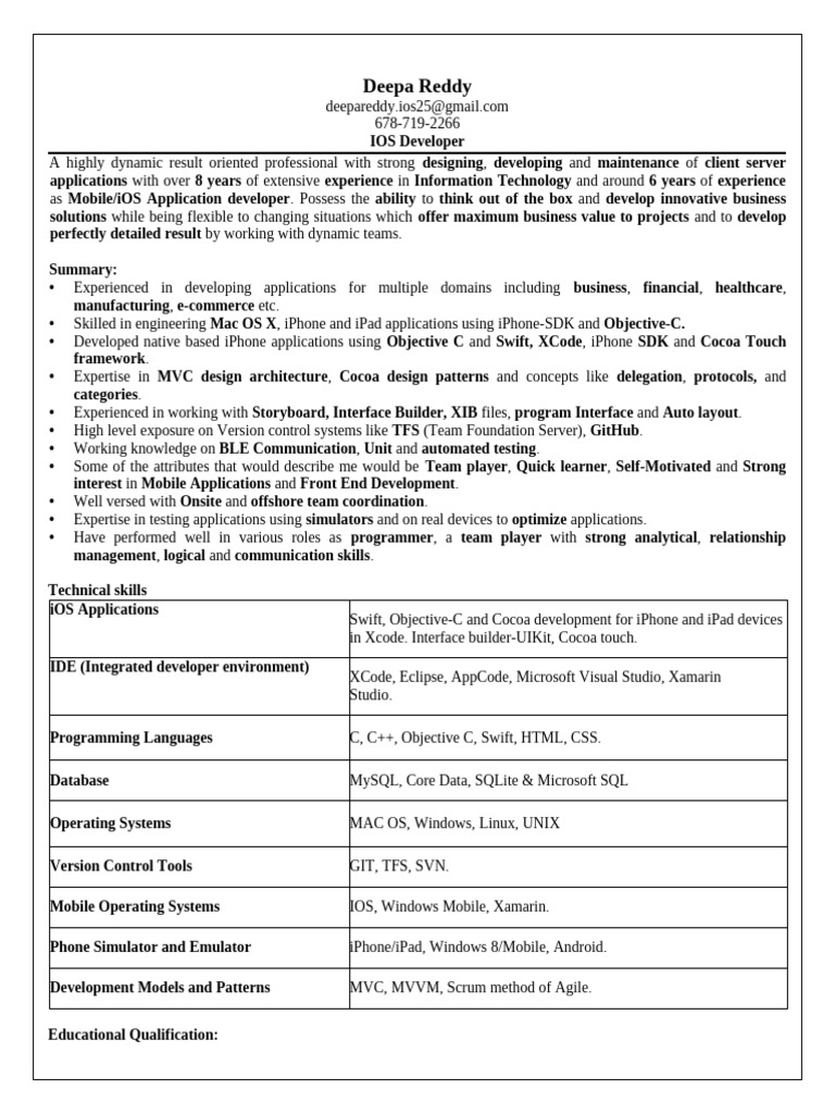 Deepa Reddy Sr. iOS Developer Resume | PDF