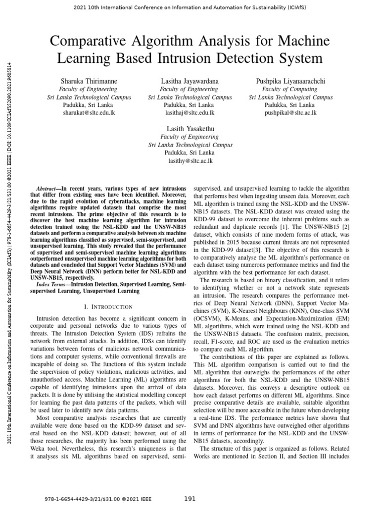 Comparative Algorithm Analysis For Machine Learning Based Intrusion Detection System | PDF