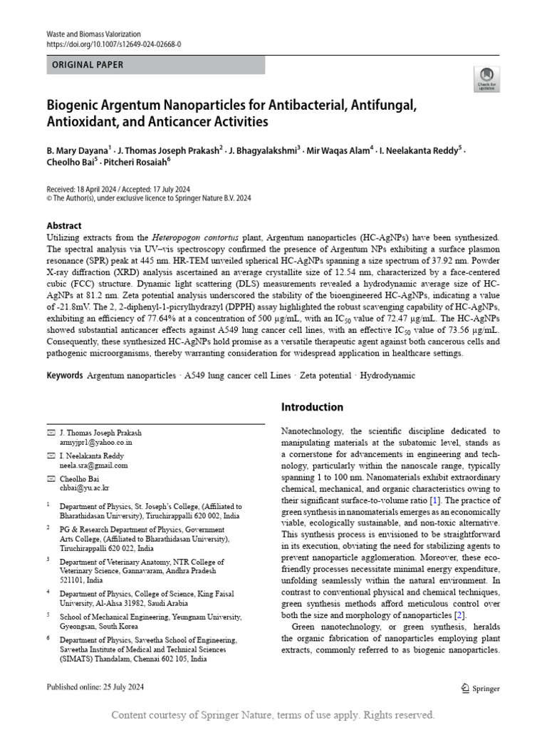 Biogenic Argentum Nanoparticles For Antibacterial, Antifungal, Antioxidant, and Anticancer ...