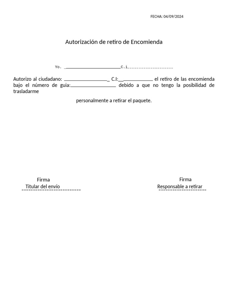 Modelo Autorizacion de Retiro de Encomienda | PDF