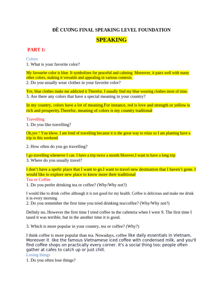 ĐỀ CƯƠNG FINAL SPEAKING LEVEL FOUNDATION VIP | PDF