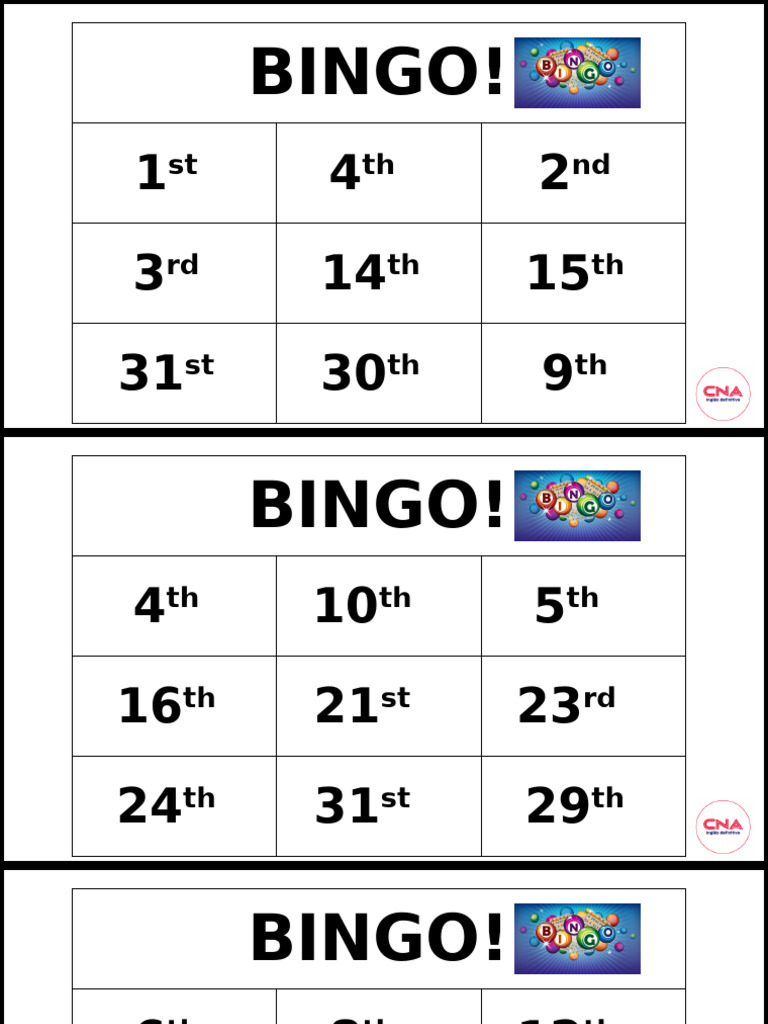 Bingo - Ordinal Numbers | PDF