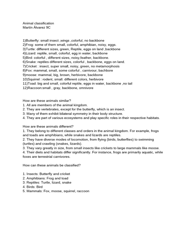 Classification of animals Martín Álvarez 9C | PDF