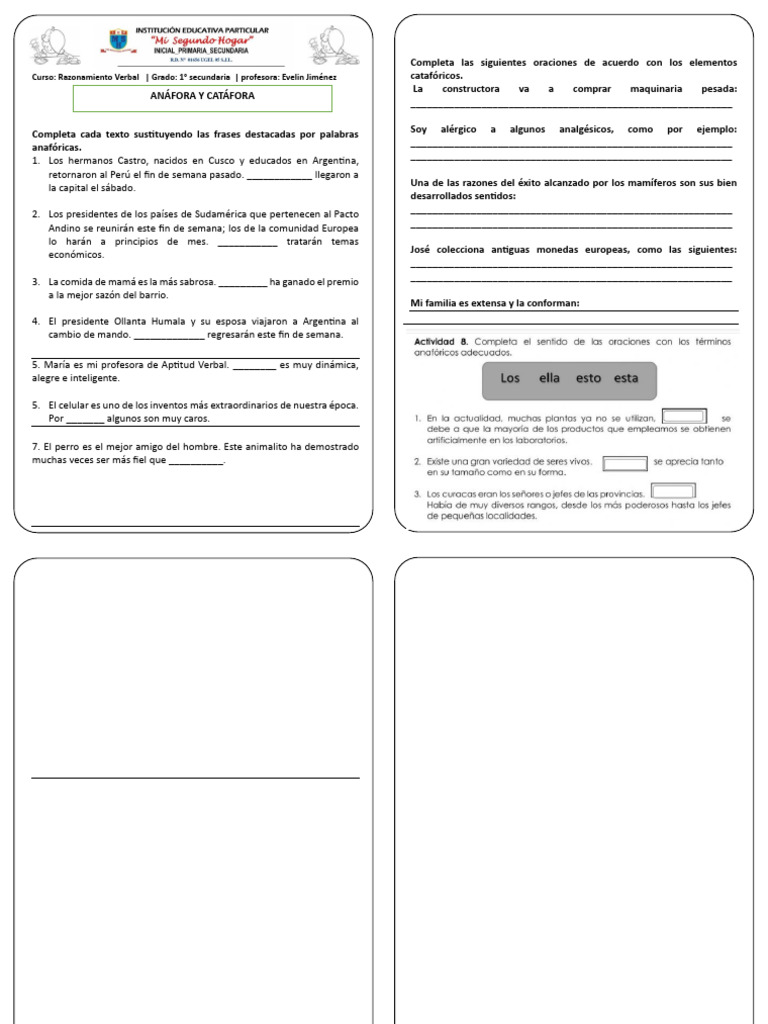 Razonamiento Verbal Primero Anafora y Catafora | PDF