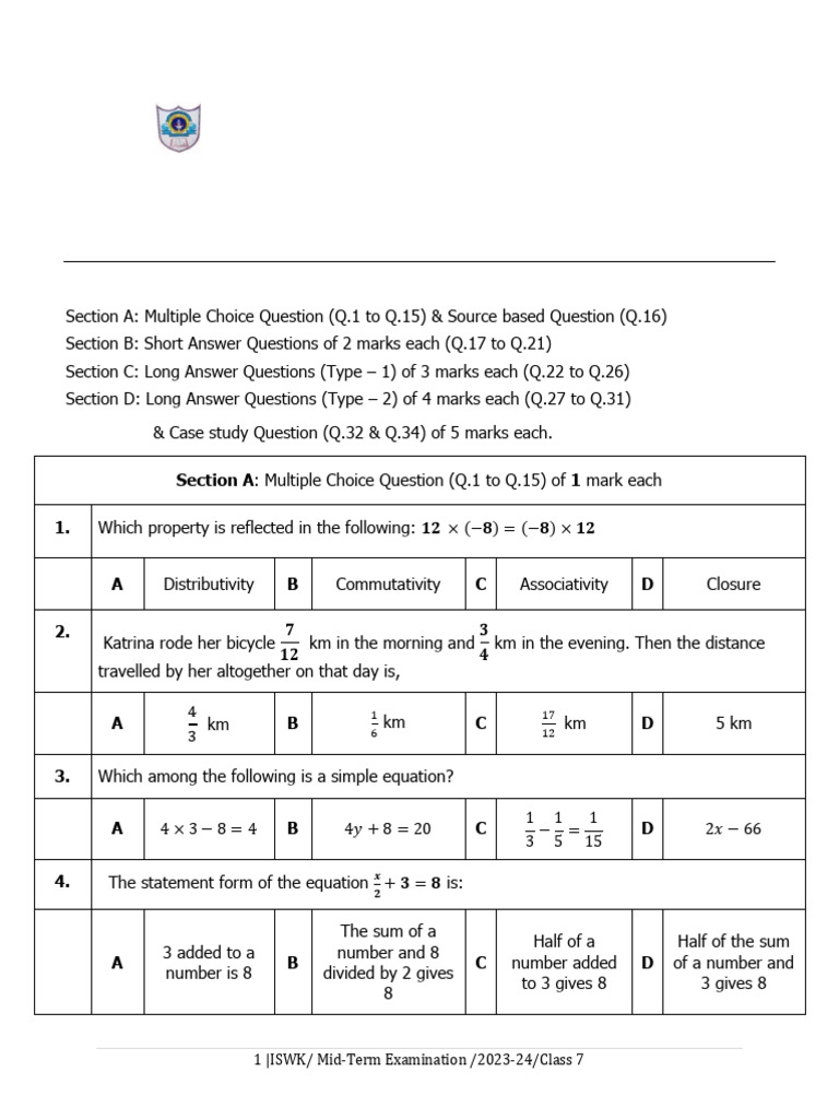 8671558-CL7 - QP - Midterm - Math - 2023-24 | PDF