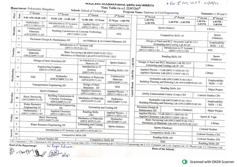 3rd Sem Timetable 2024-24 Civil Engineering | PDF