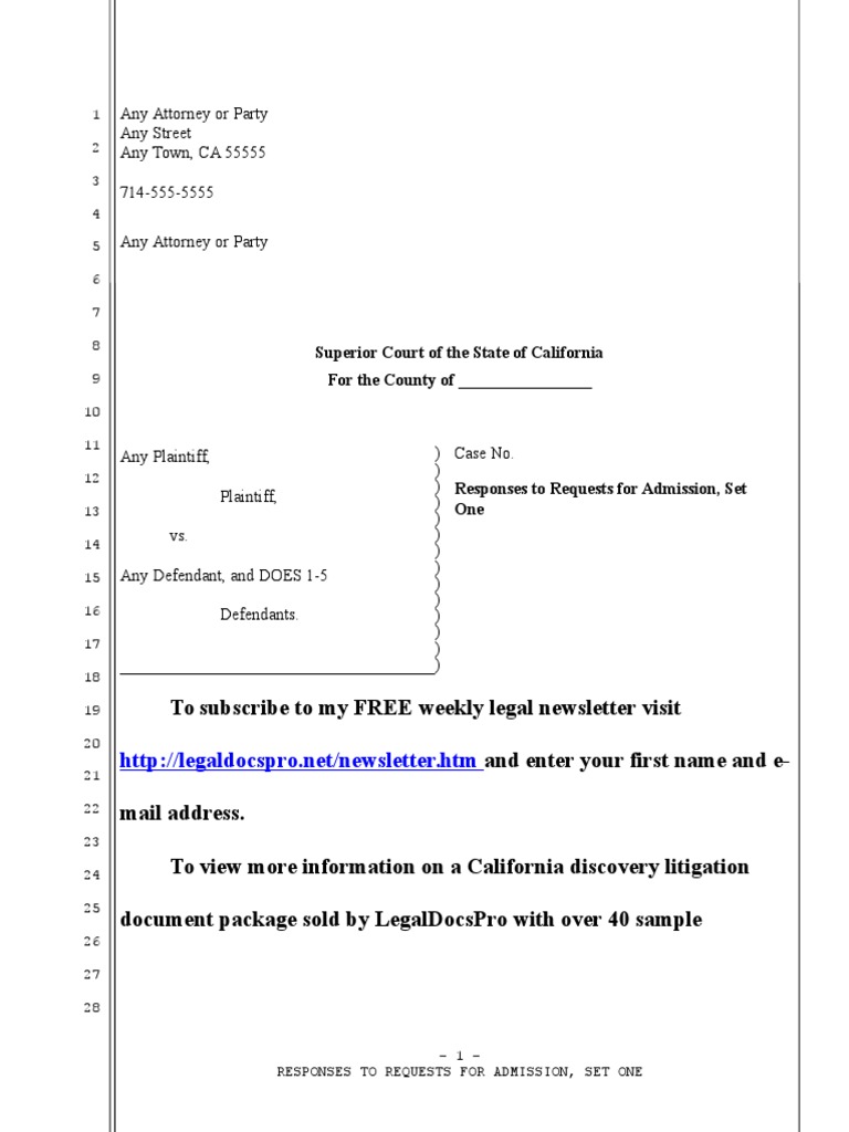 Sample Responses To Requests For Admission For California | PDF ...