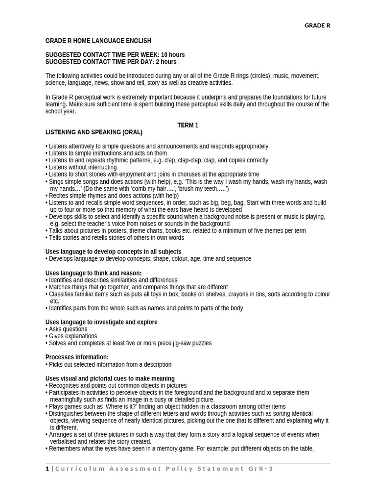 Caps Grade R Home Language English | PDF