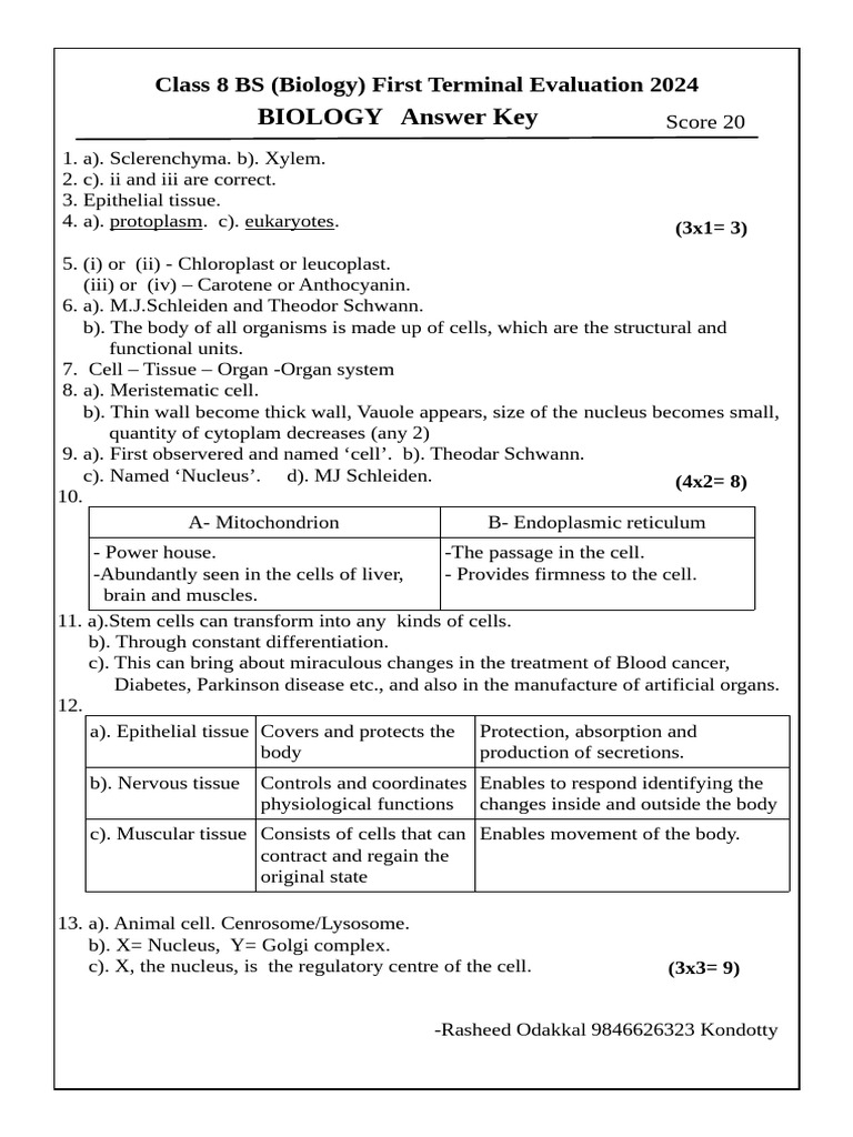 Answer Key - 8 BS Biology First Term Evaluation 2024-25 - Odakkal | PDF