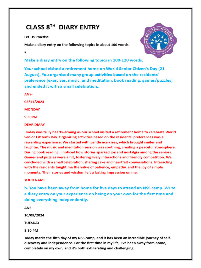 CLASS 8TH DIARY ENTRY | PDF