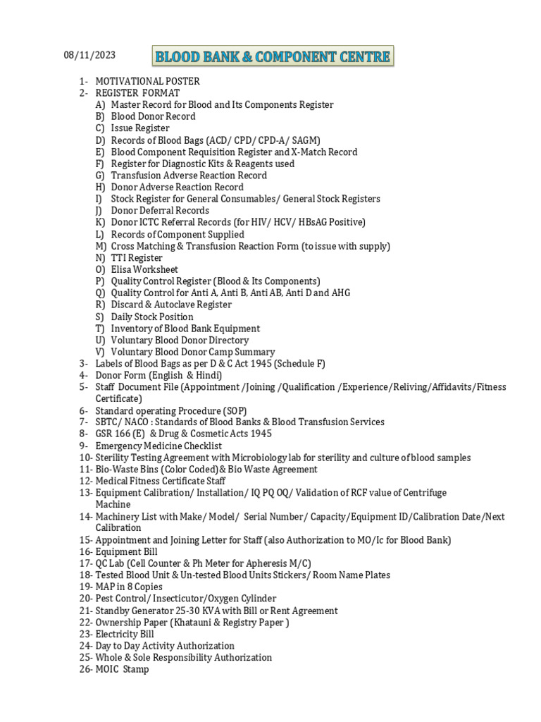 Blood Bank Inspection Check List | PDF