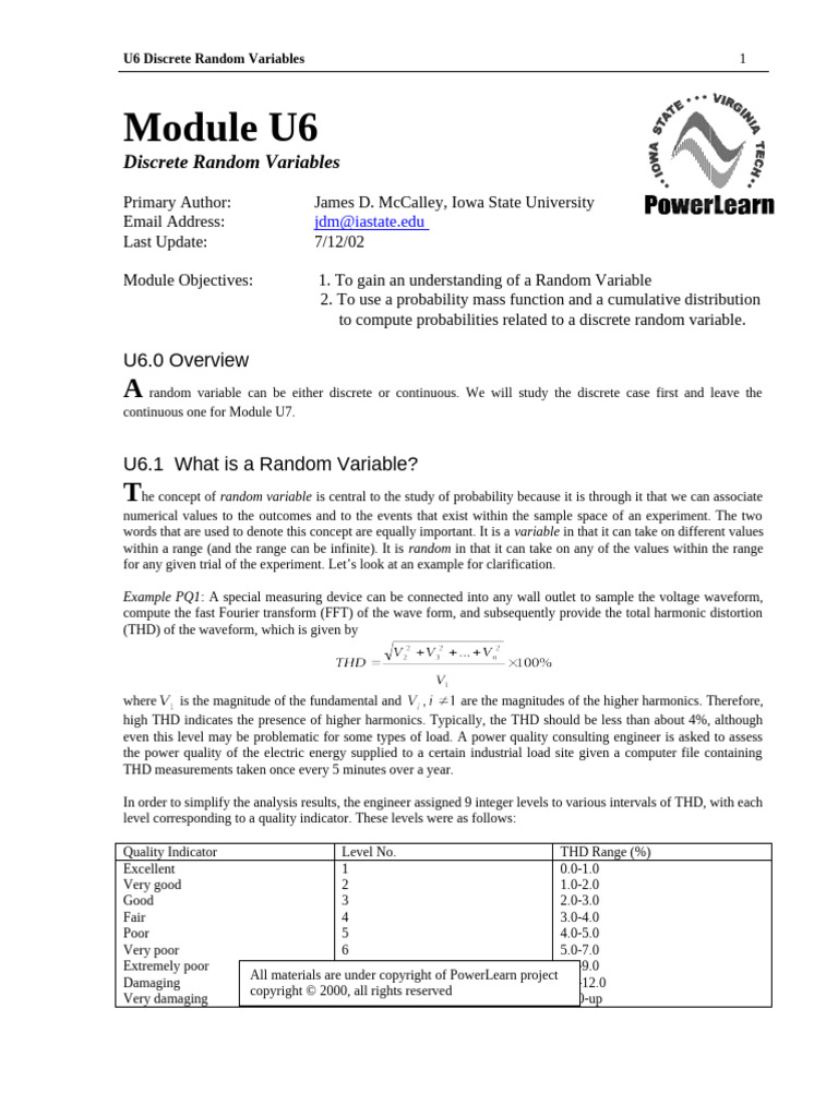 Module U6: Discrete Random Variables | PDF