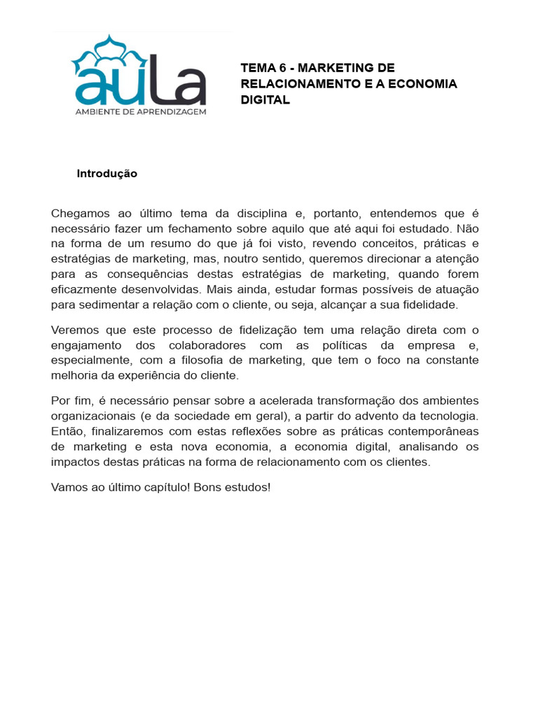 Tema 6 - Marketing de Relacionamento e A Economia Digital | PDF