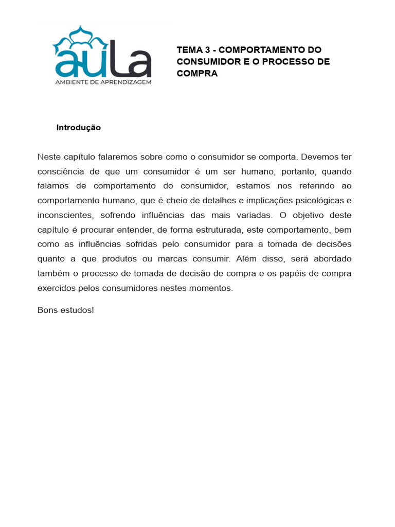 Tema 3 - Comportamento Do Consumidor e o Processo de Compra | PDF