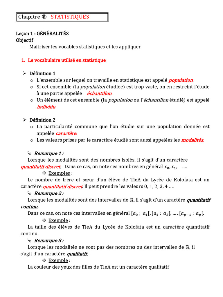 Cours Statistique Tle A | PDF