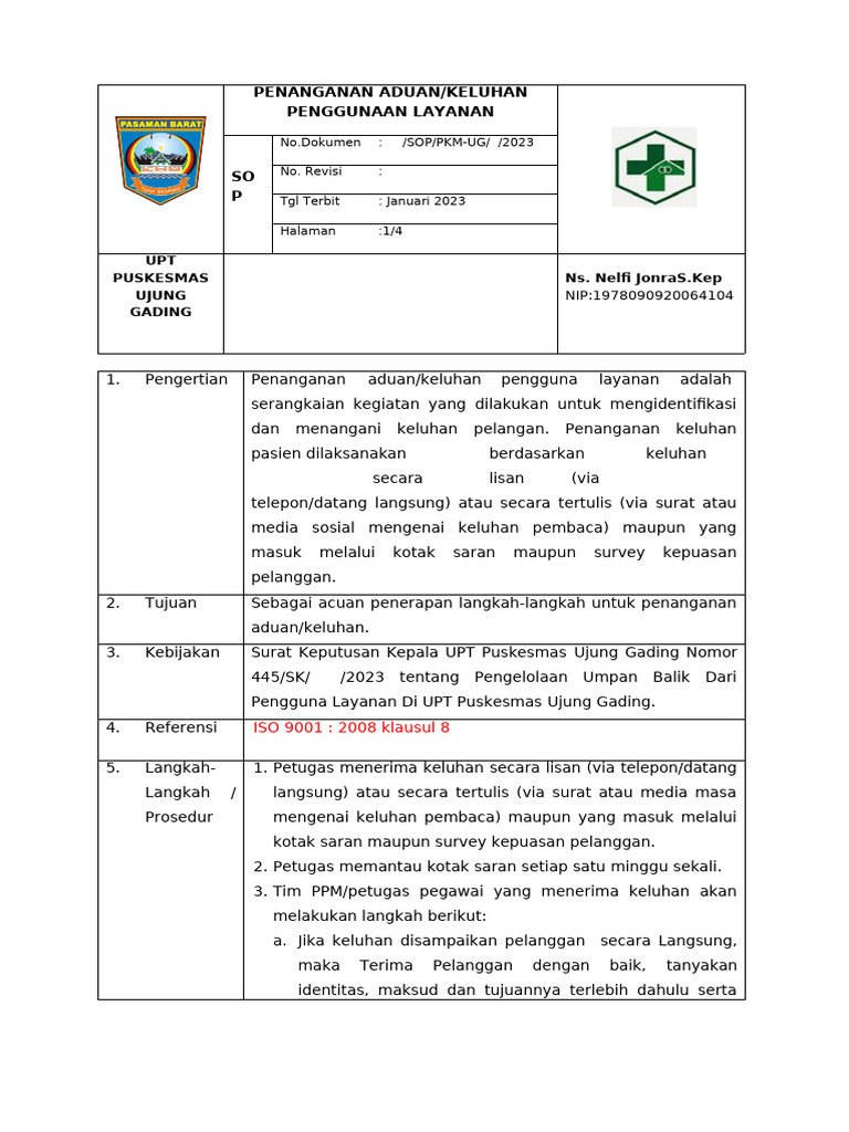 Sop Penanganan Aduan | PDF