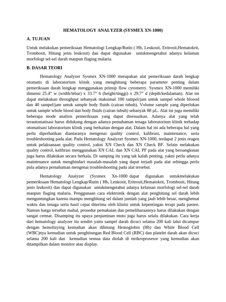 HEMATOLOGY ANALYZER SYSMEX XN 1000 | PDF