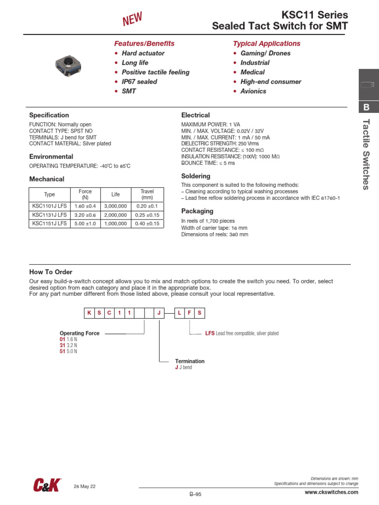 CK - ksc11 - Datasheet Sealed Tact Switch | PDF | Switch | Soldering