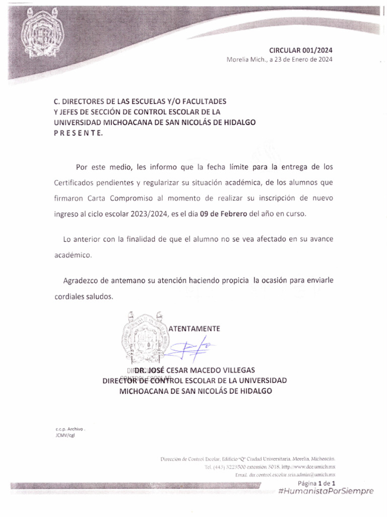 Circular 001-2024 Fecha Limite de Entrega de Certificados Pendientes | PDF