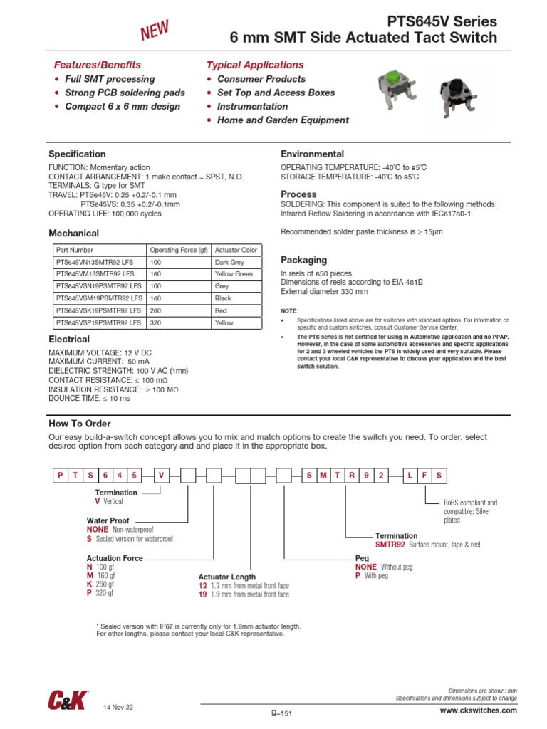 pts645v Side Actuated Tact Switch | PDF | Switch | Soldering