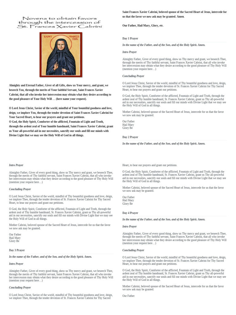 Novena To St. Frances Xavier Cabrini | PDF