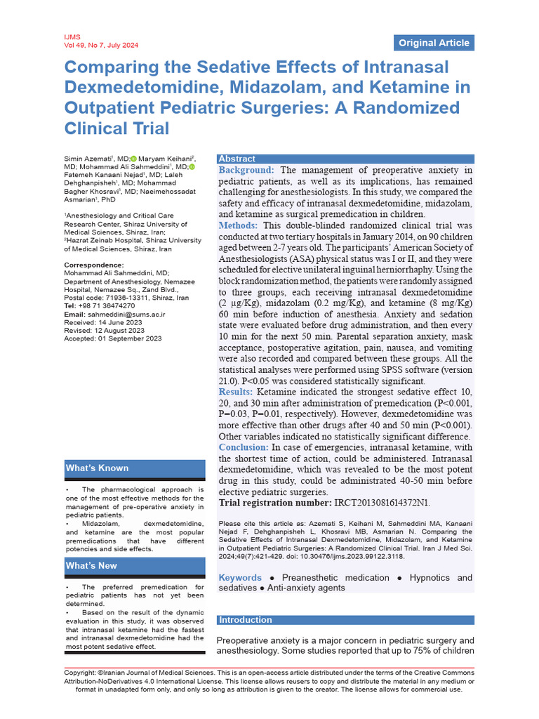 Comparing The Sedative Effects of Intranasal Dexmedetomidine, Midazolam ...