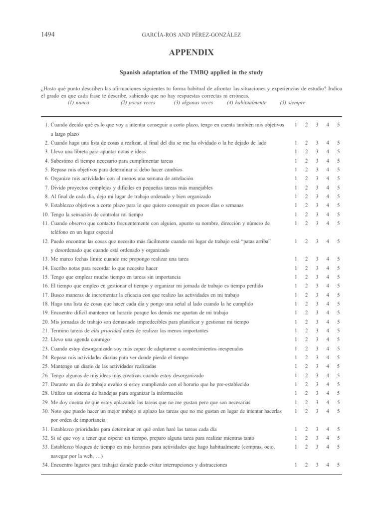 Appedix: Spanish Adaptation of The TMBQ Applied in The Study | PDF