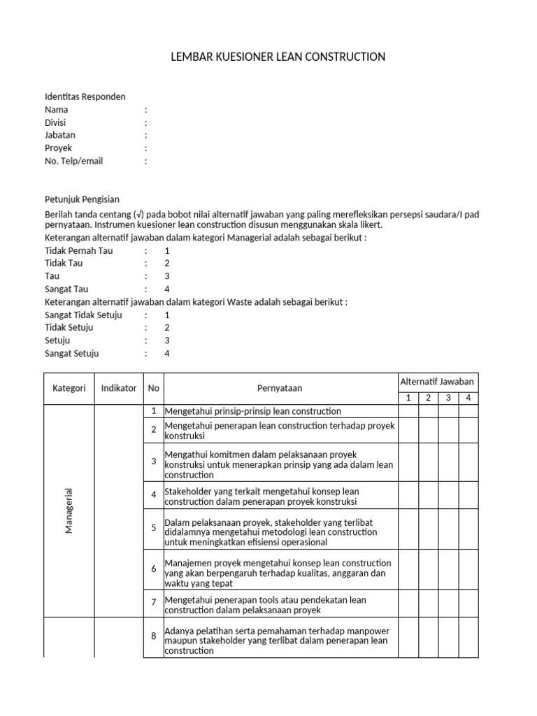 Kuesioner Lean Construction | PDF