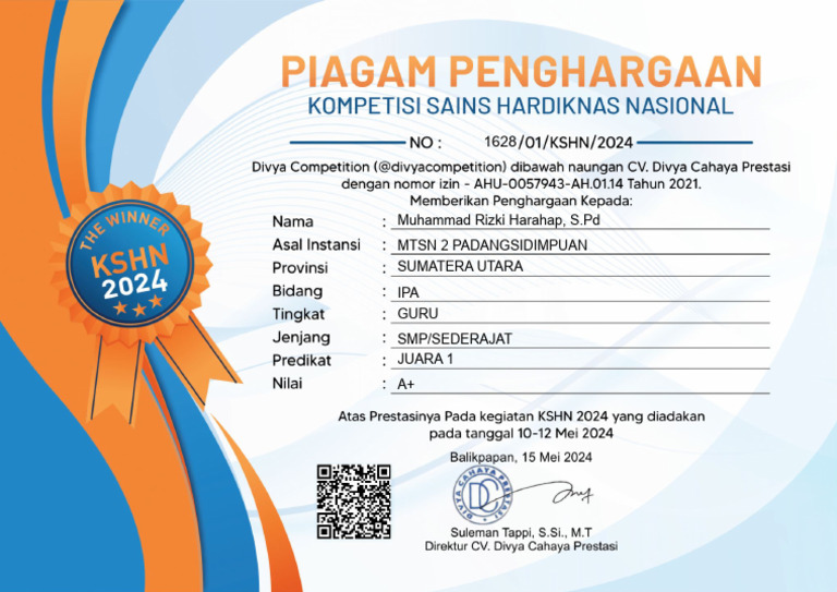 Piagam Guru KSHN 2024 Muhammad Rizki Harahap, s.pd-1 | PDF