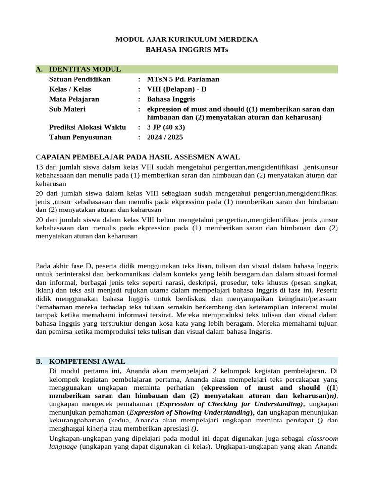 New File 7 Modul Kelas 8 Must and Should | PDF