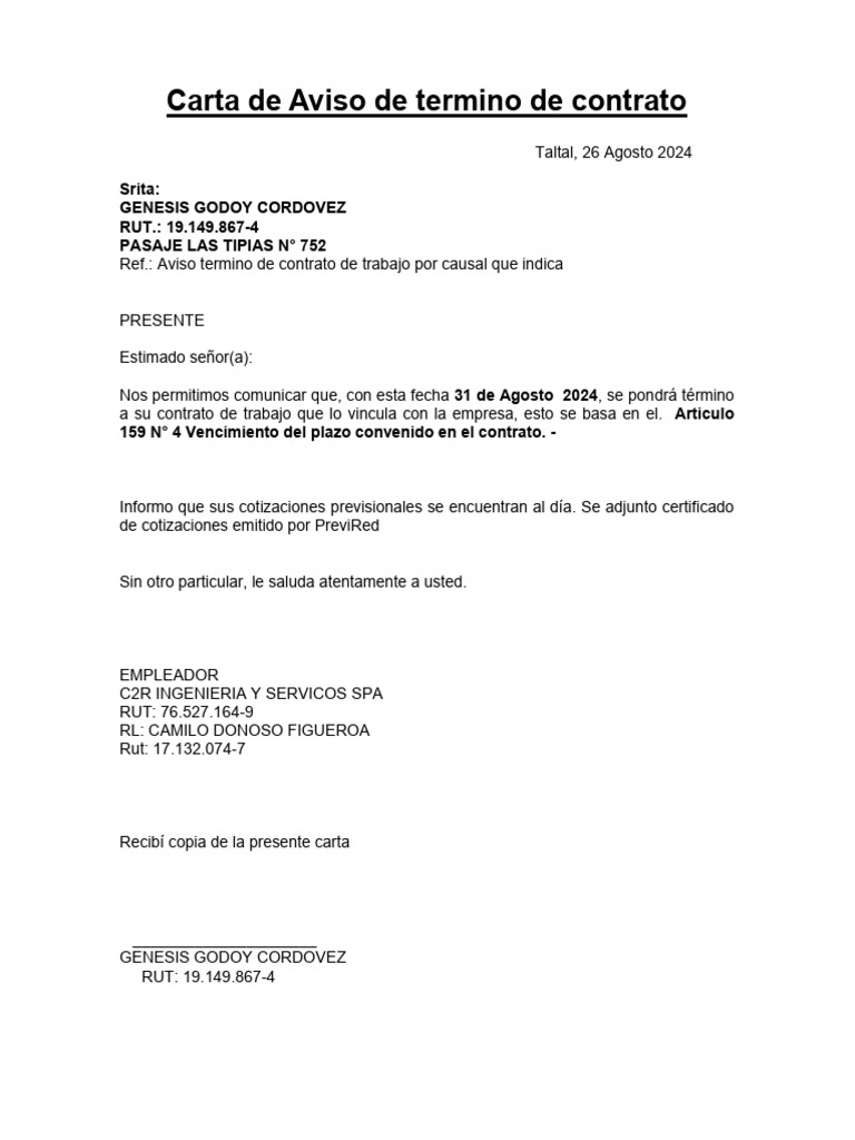 Carta Aviso Termino de Contrato | PDF