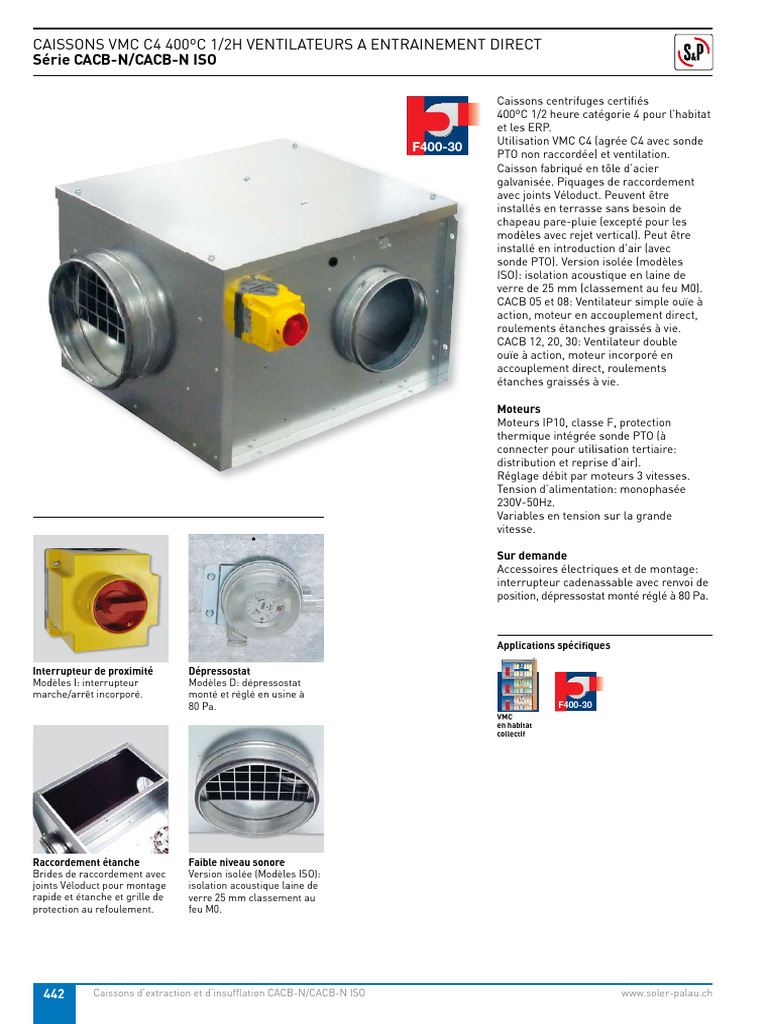 Série Cacb-N/Cacb-N Iso: Caissons VMC C4 400ºc 1/2H Ventilateurs A Entrainement Direct | PDF
