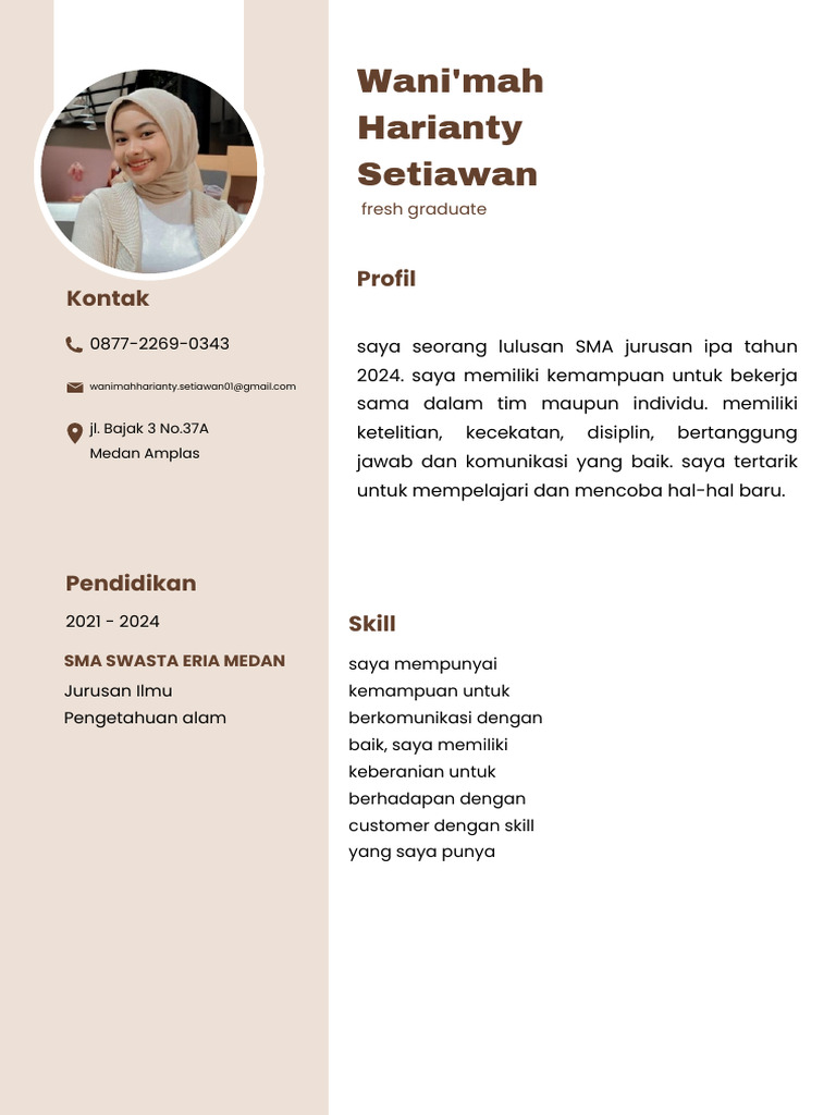 CV Lamaran Kerja Wani'mah Harianty Setiawan | PDF