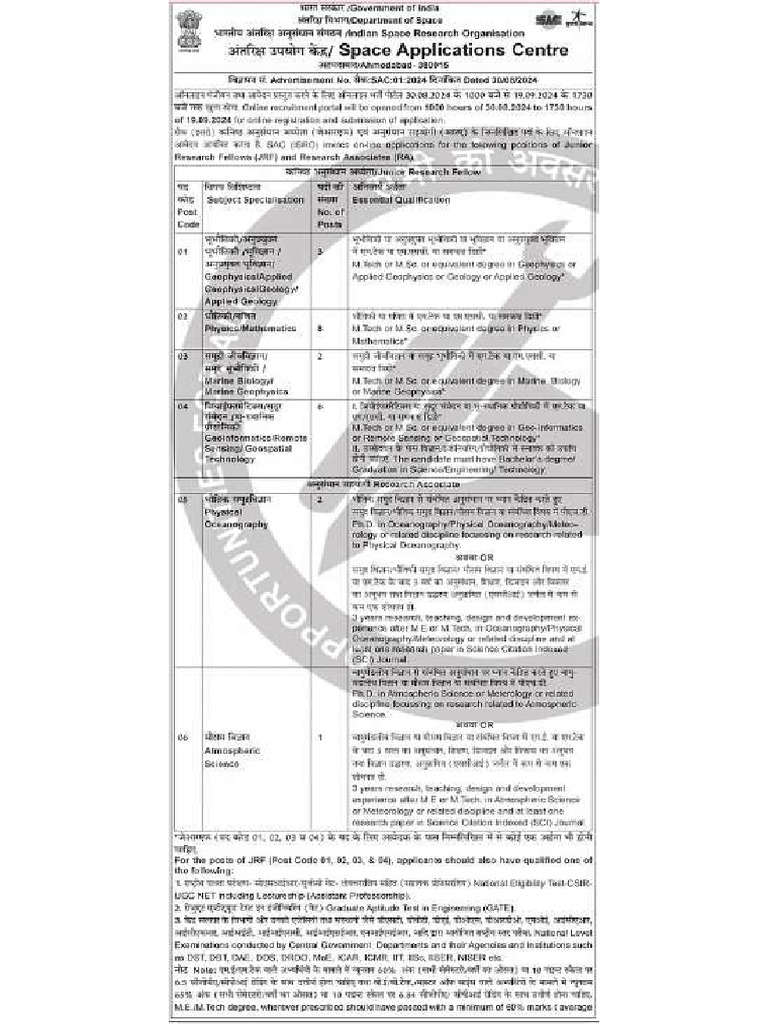 ISRO SAC JRF RA Recruitment Niotification 2024 1 | PDF