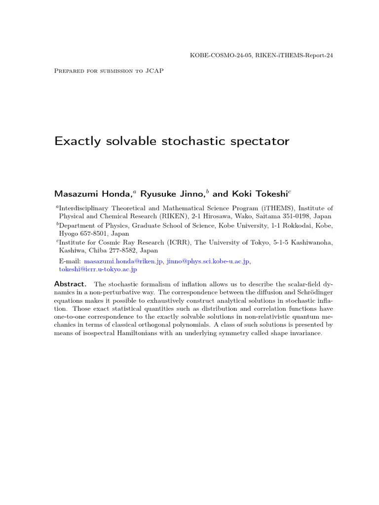 Exactly Solvable Stochastic Spectator: Masazumi Honda, Ryusuke Jinno, and Koki Tokeshi | PDF ...