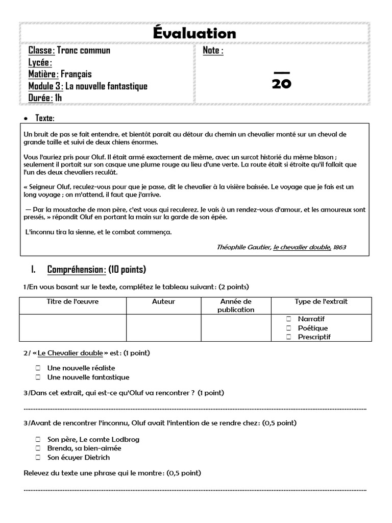 Fiche Évaluation Gratuite Tronc Commun Le Chevalier Double | PDF