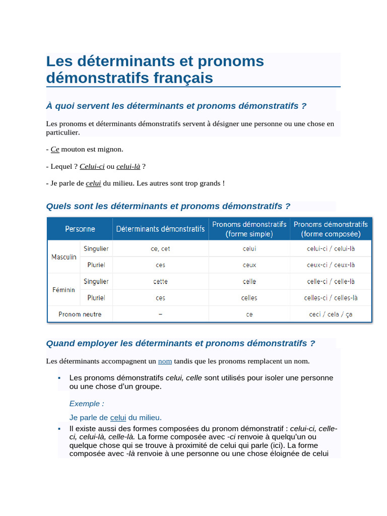 Les Déterminants Et Pronoms Démonstratifs Français | PDF
