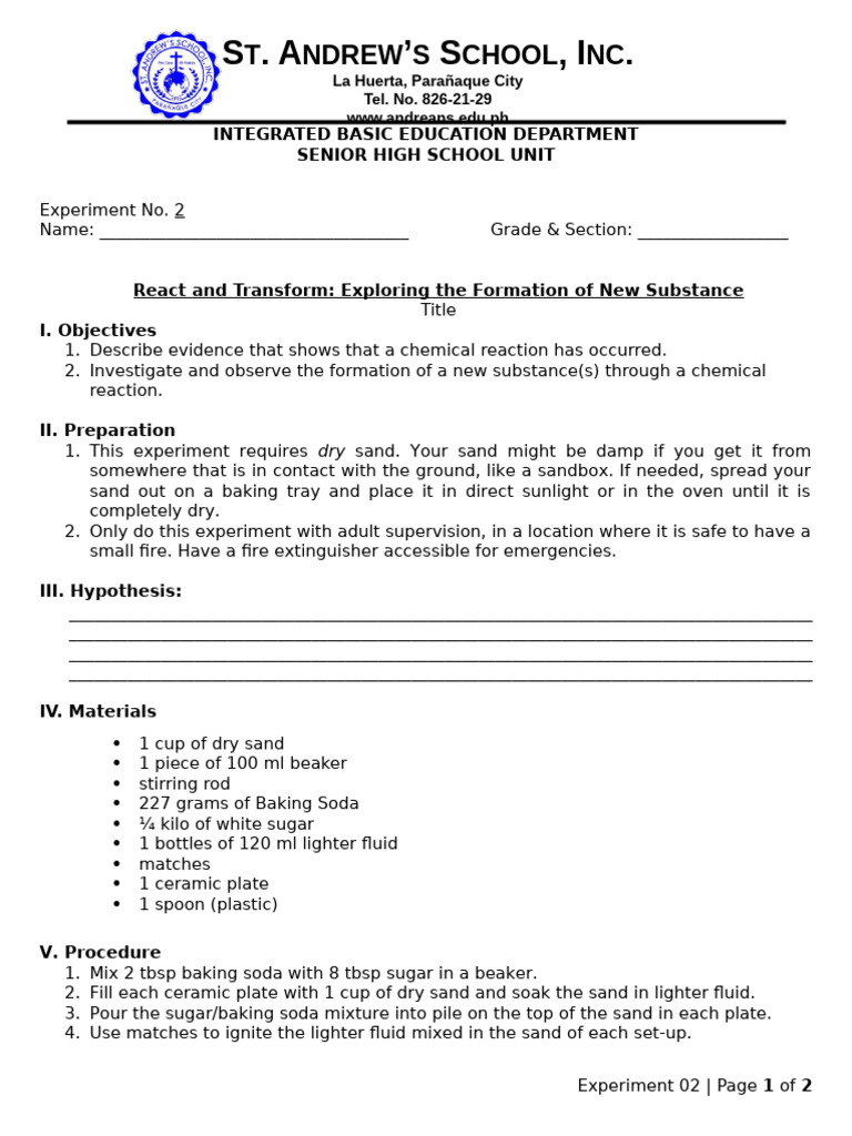 Experiment 2 Chemical Reaction | PDF